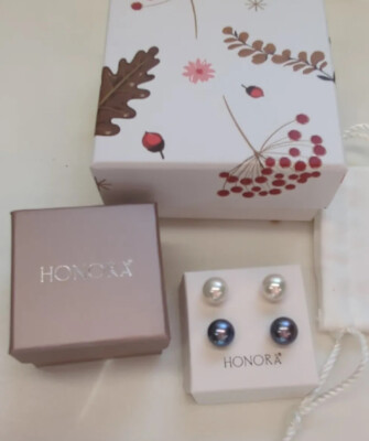 HONORA 2 PAIR Set of PEARL EARRINGS White/Grey Stainless Steel Original ...