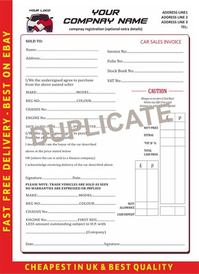 A4 Used Car Sales Invoice Pad Book, CAR SALES INVOICE, PERSONALISED ...