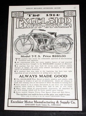 1914 OLD MAGAZINE PRINT AD, 1914 EXCELSIOR AUTO-CYCLE, MODEL 7-T.S ...