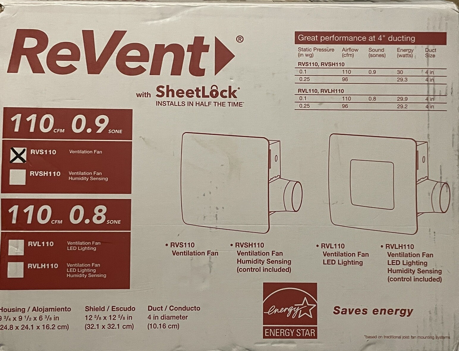 ReVent RVS110 Bathroom Exhaust Vent Fan 100 CFM 0.9 Sone OpenBox for ...