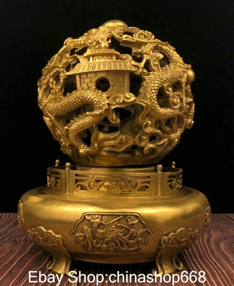 6" Old Chinese Copper Carving Feng Shui Dragon Play Bead Ball Luck ...