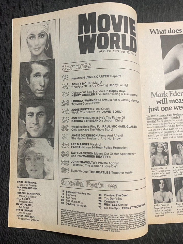 1977 Aug MOVIE WORLD Magazine FN 6.0 Sonny Cher / Lynda Carter / Farrah ...