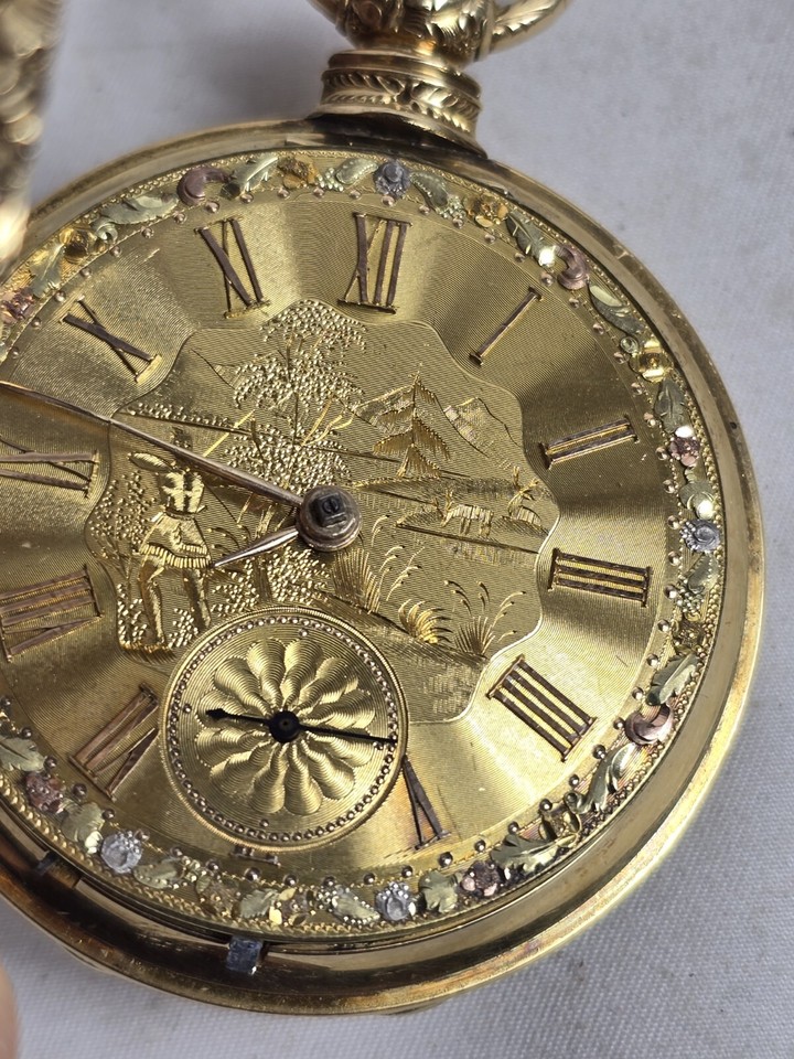 M.J. Tobias 18K Gold Fusee Key Wind Pocket Watch, Native Indian Dial ...