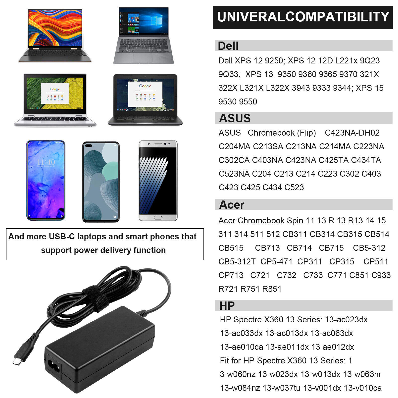 USB C Charger AC Adapter for Lenovo ThinkPad X270 X280 X380 X390 X390 ...