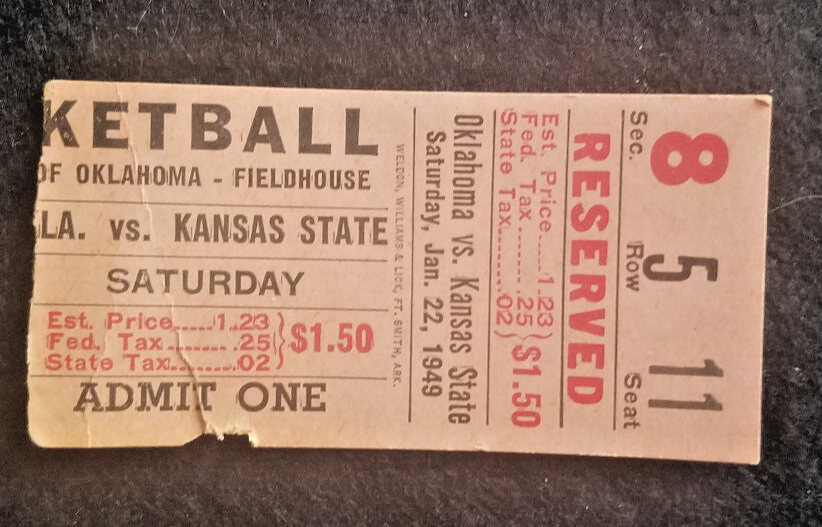 1949 Jan 22nd Oklahoma Basketball vs. Kansas State Ticket Stub | eBay