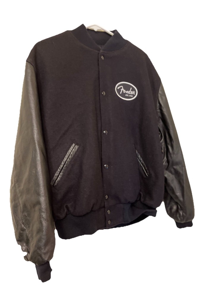 Vintage Men’s Fender Guitar Black Wool Jacket w/ Leather Sleeves Extra ...