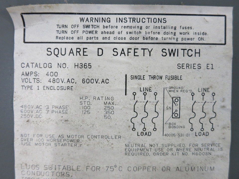 Square D H365 400A 600V Fusible Heavy Duty Safety Switch Disconnect 400 ...