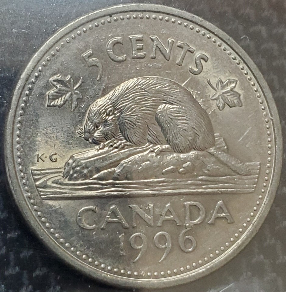 CANADA FIVE 5 CENTS 1996 ICCS MS-60, ATTACHED 6 and CROWN ON BEAVER ...