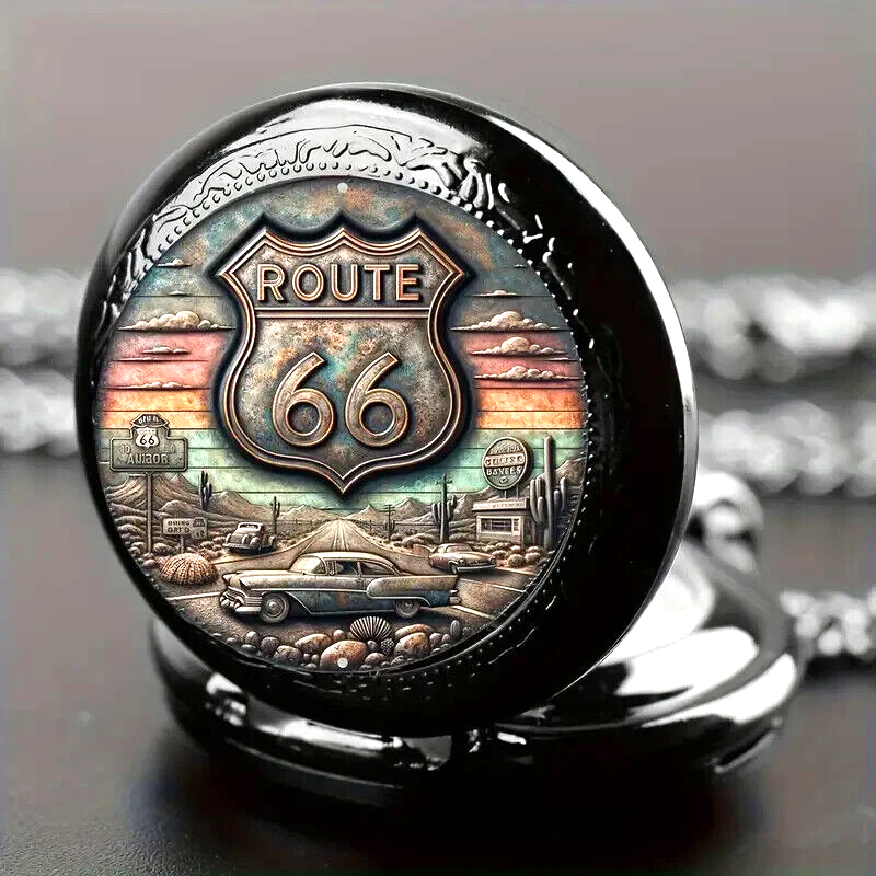 Vintage Route 66 Pocket Watch Stainless Steel Quartz Movement Men Boys ...