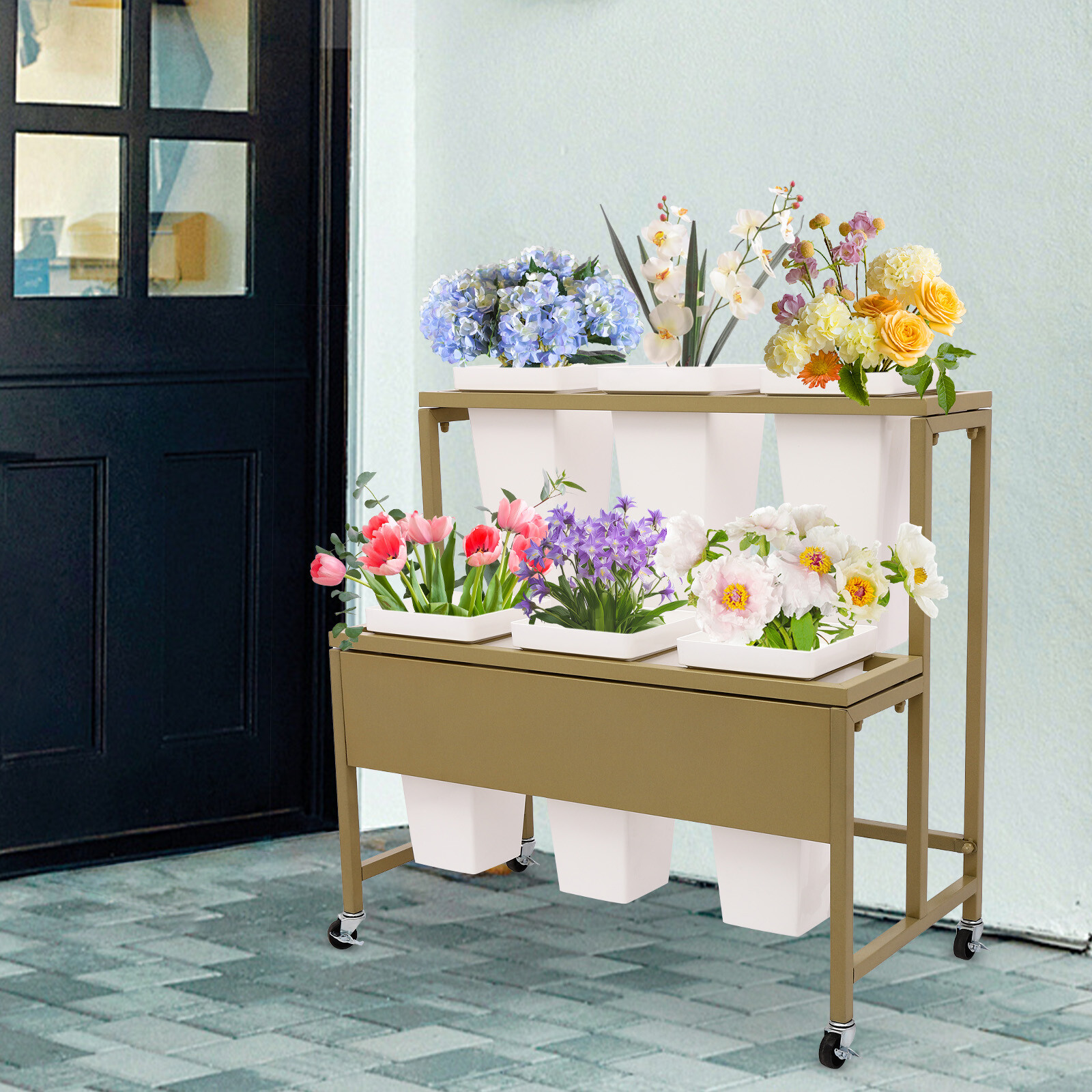 Flower Display Stand with 6 Buckets 2-tier Flower Metal Display Stand w ...
