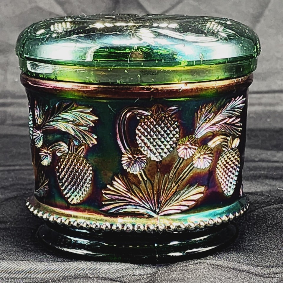 "INVERTED STRAWBERRY" GREEN POWDER JAR SPECTACULAR CARNIVAL GLASS ...