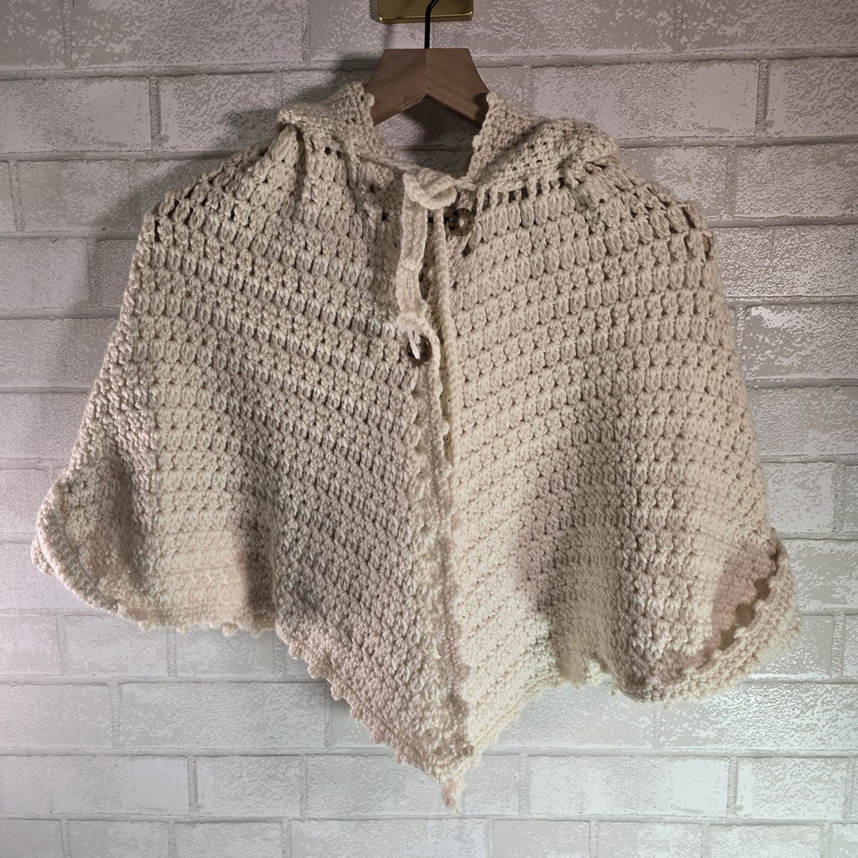 Adorable Homemade Knit Cream Hooded Poncho Cape Shawl Button Accents ...