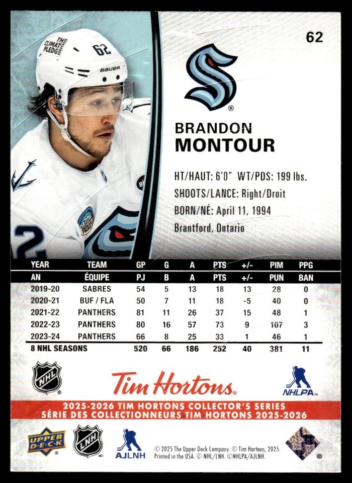 Brandon Montour #62 2025-26 Upper Deck Tim Hortons Seattle Kraken | eBay