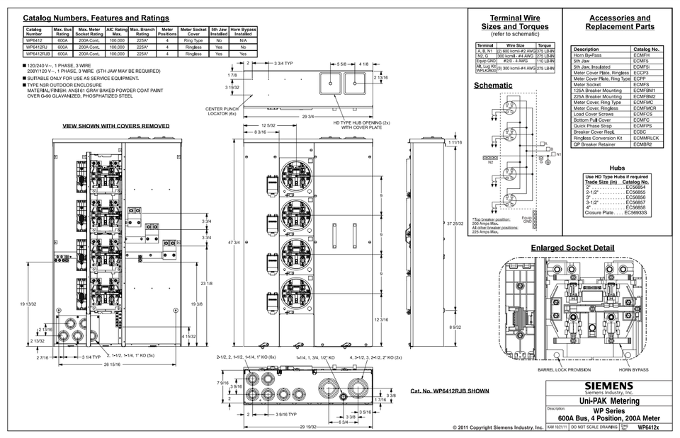 Siemens WP6412 Meter Socket 4-Gang 600A 225 Amp RING-TYPE UNI-PAK | eBay