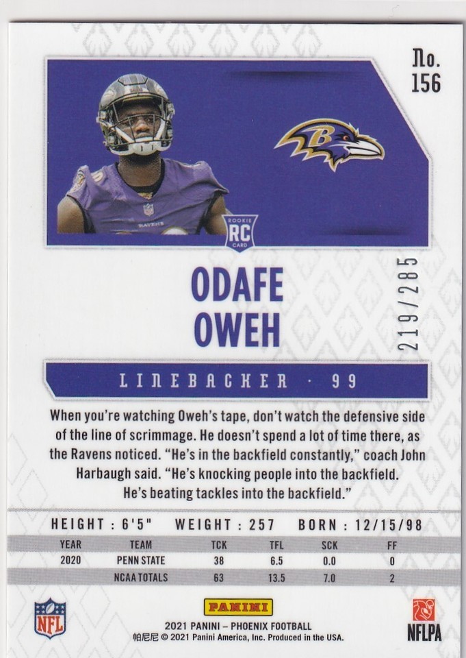 2021 PHOENIX RED LAZER /285 RC ODAFE OWEH BALTIMORE RAVENS PARALLELS BZ ...