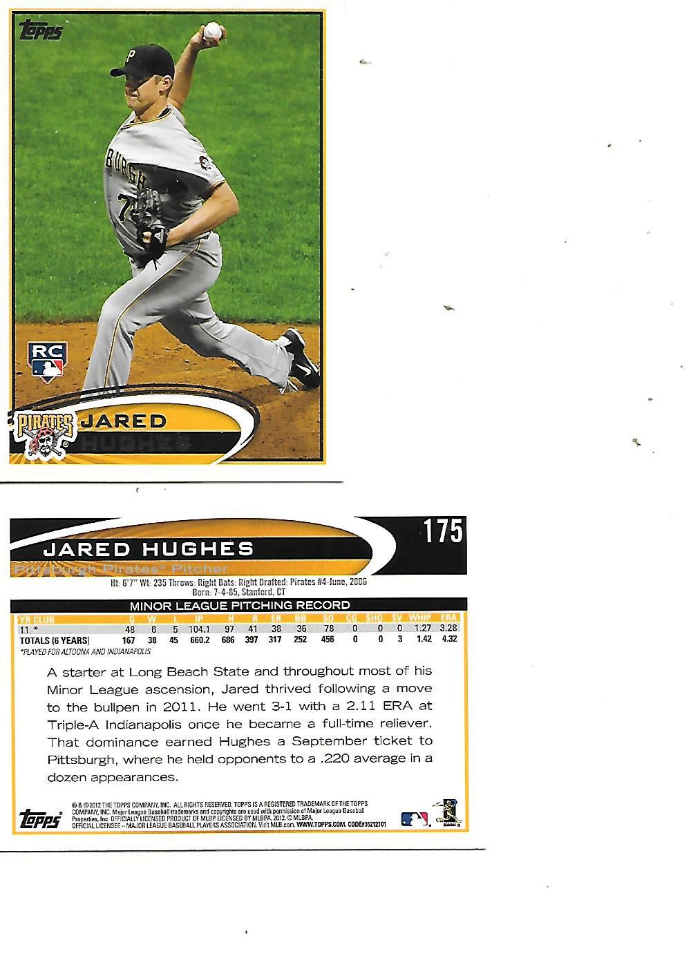 Jared Hughes 2012 Topps Baseball RC Card #175 2 card lot Pittsburg ...