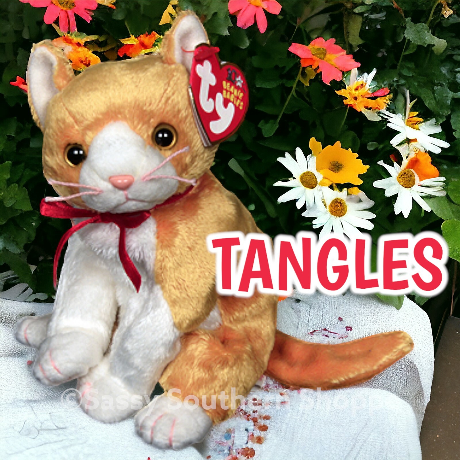 ️ 2003 TANGLES Orange & White Calico Kitty CAT Ty® Beanie Babies *MWMT ...