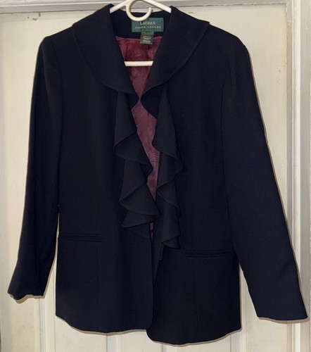 Lauren Ralph Lauren Jacket Womens Medium Black Ruffle Open Front Blazer ...