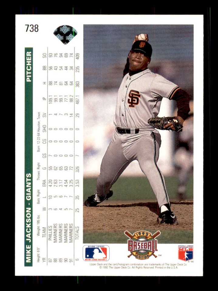 1992 BASEBALL 1992 Upper Deck Mike Jackson San Francisco Giants #738 1 ...