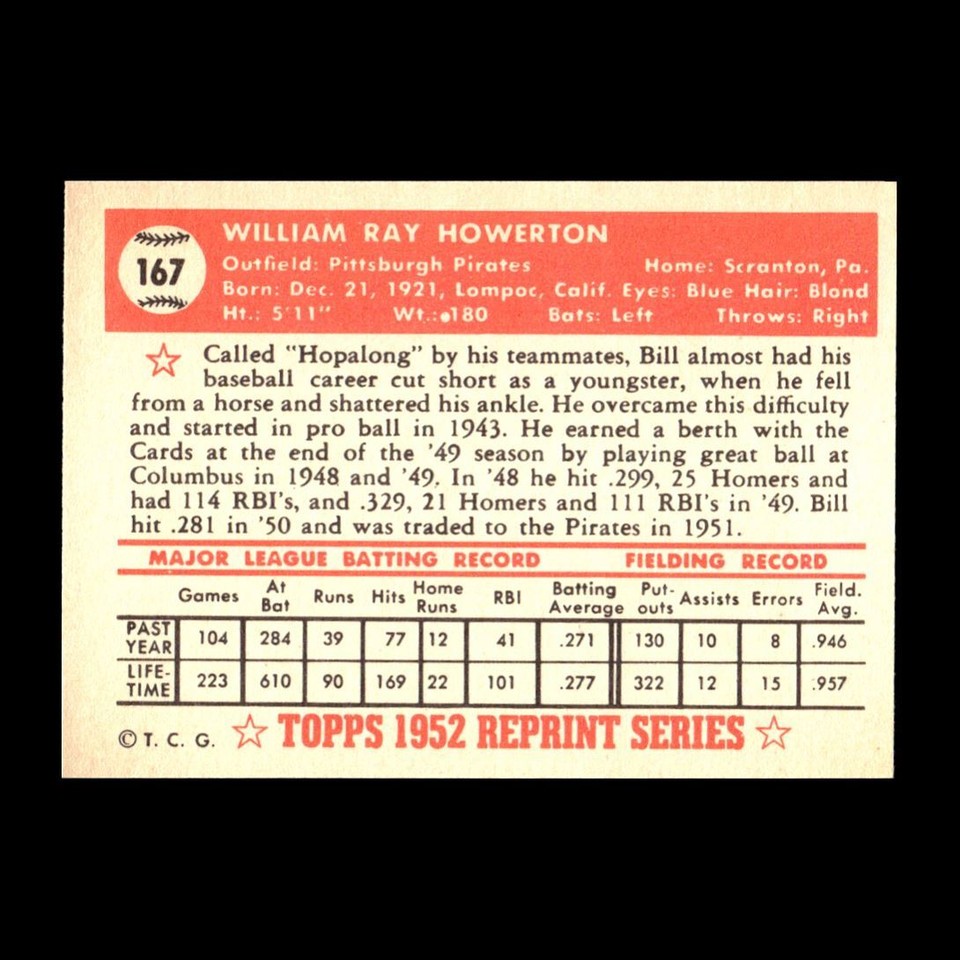 Bill Howerton 1983 Topps 1952 Reprint Series Pittsburgh Pirates #167 ...