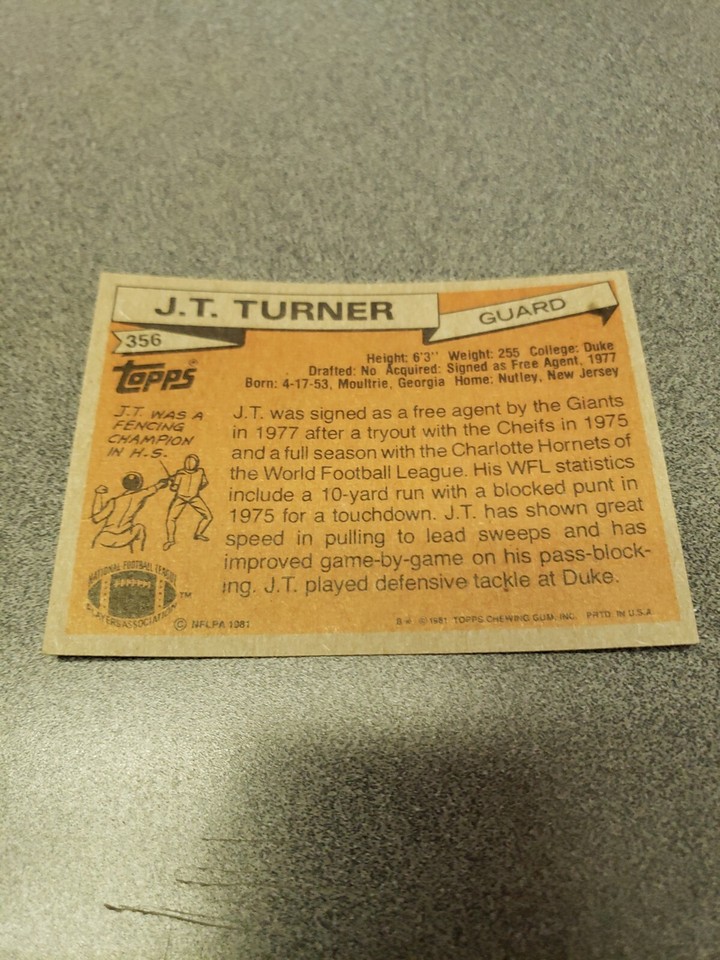 1981 Topps Football Card JT Turner New York Giants #356 | eBay