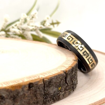 8mm Black Tungsten Engagement Ring Gold Greek Key Inlay Band For ...