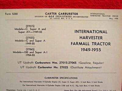 1949-55 IH FARMALL C, SUPER A TRACTOR CARTER UT CARBURETOR SPEC INFO ...