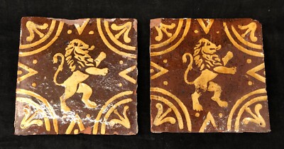 Lot of 2 Post Medieval Terracotta Floor Tiles Lion Rampant 17th 18th c ...