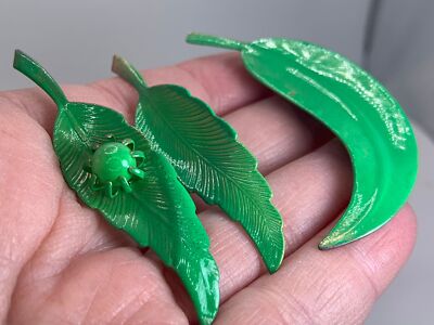 Lot of 3 Leaves Textured 1 with Flower Green Vintage Metal Brooch Pin M ...
