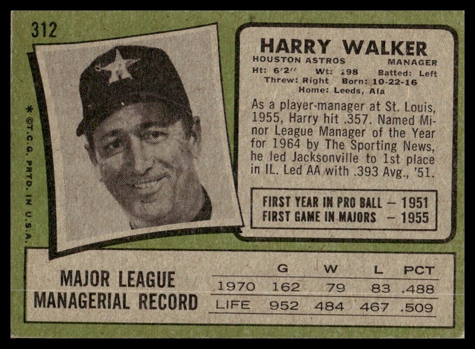 1971 Topps #312 Harry Walker MGR Houston Astros VG-VGEX | eBay