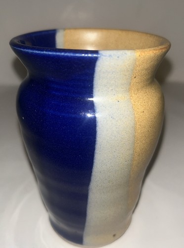 Hand Made Studio Art Pottery Stoneware Vase Vessel Brown Blue Lines ...