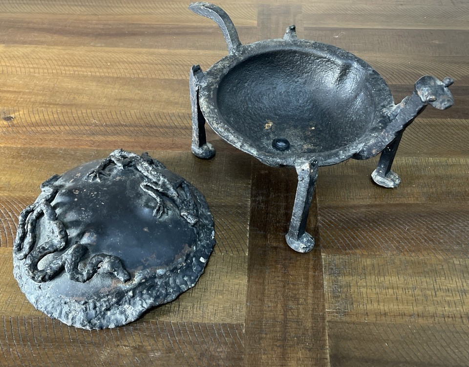 Vintage Cast Iron Turtle w/ Snake Lizard Shell Spittoon Metal Craft Art ...