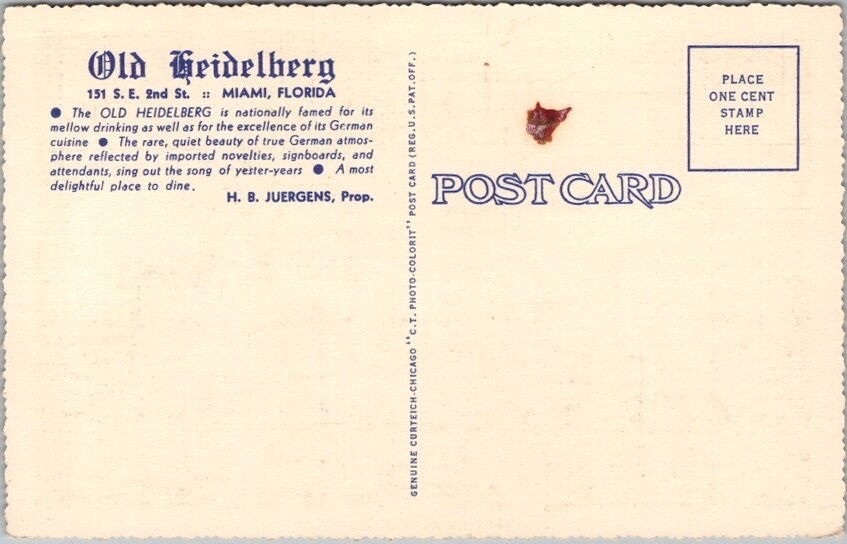 Vintage MIAMI, Florida Postcard OLD HEIDELBERG RESTAURANT Curteich ...