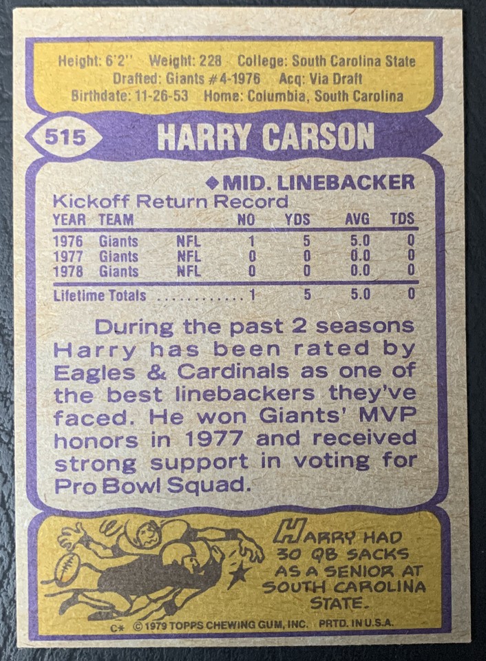 1979 Topps Football Harry Carson #515 New York Giants -HOF Nice Vintage ...