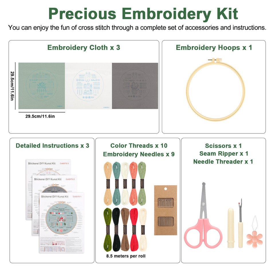 3 Set Embroidery Kit Art Craft Sewing Set DIY Cross Stitch Starter for ...