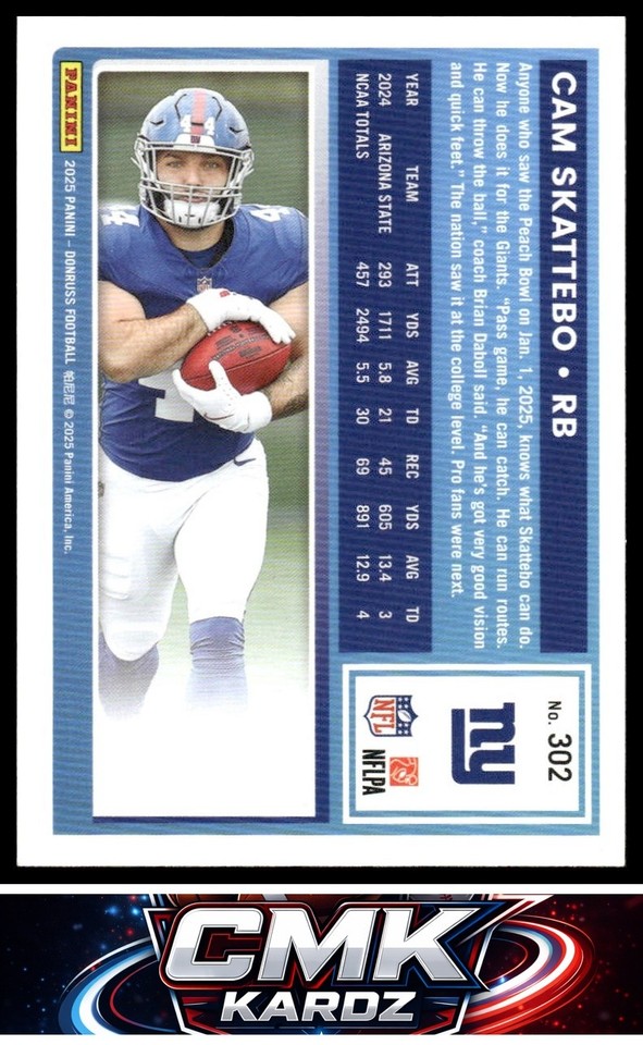 Cam Skattebo #302 Donruss New York Giants Rated Rookie | eBay