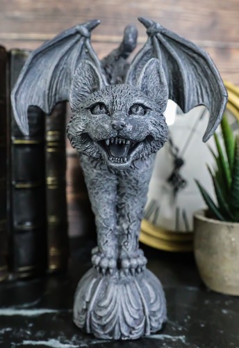 Bizarre Gothic Eureka Bat Winged Cat Gargoyle Statue 7"H Stoic Feline ...