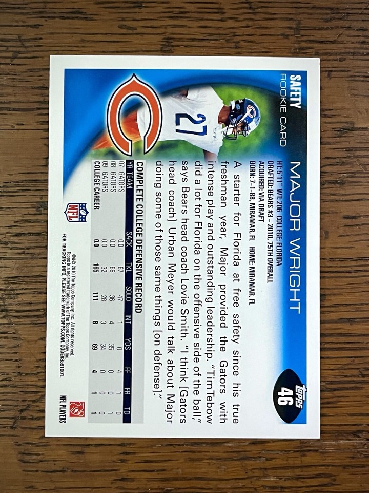 Major Wright 2010 Topps RC #46 MINT Chi Bears Rookie Jersey Florida ...