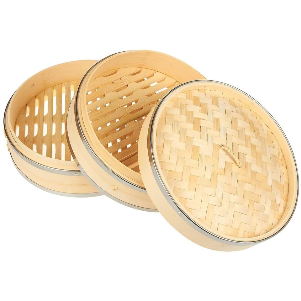 2 Tier Bamboo Steamer Basket 10 Inch for Dim Sum Bao Bun Dumpling ...