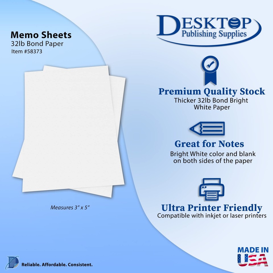 Premium Weight 32lb Bond White 3 x 5 Sheets - Note Paper Memo Sheets ...