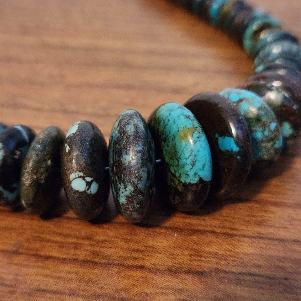 Turquoise Rondelle Gemstone Bead Necklace 21" Sterling Hook Adjustable ...