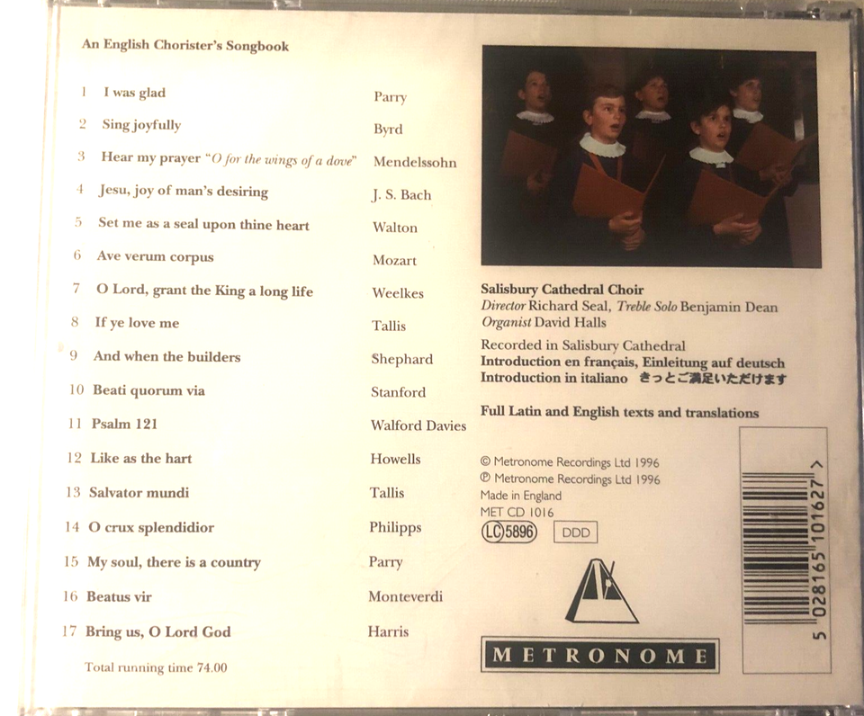 English Chorister's Songbook by Salisbury Cathedral Choir (CD 1996) New ...