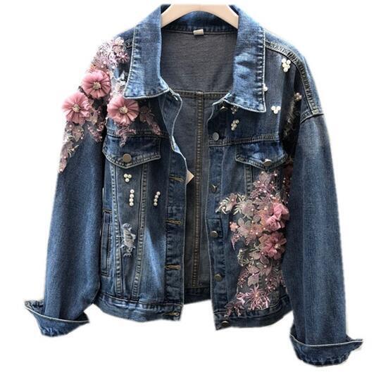 Flower Denim Jacket Women Pearl Jean Coat School Outdoor Tops Girl ...