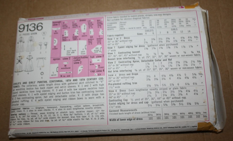 1970's VINTAGE SEWING PATTERN SIMPLICITY 9136 CHILD'S & GIRLS' COSTUMES ...