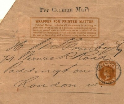 CEYLON QV WRAPPER Colombo *Per German Mail* 5c Rate Stationery GB c1895 ...