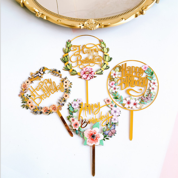 Glitter Gold Flower Print Acrylic Cake Topper Birthday Party Happy ...