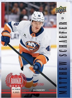 2025-26 Upper Deck Matthew Schaefer Rookie Debut Red #/99 ( EPACK ONLY ...