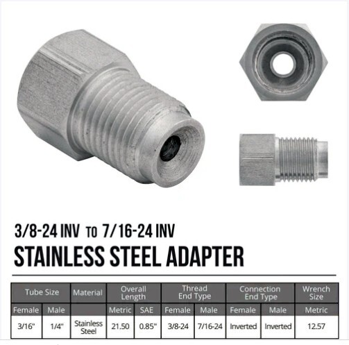 Master Cylinder Brake Line Adapter 7/16-24 Male x 3/8-24 Female ...