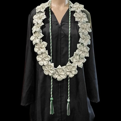 Graduation Money Lei Flower Crisp Bills Green White Four Braided Ribbon ...