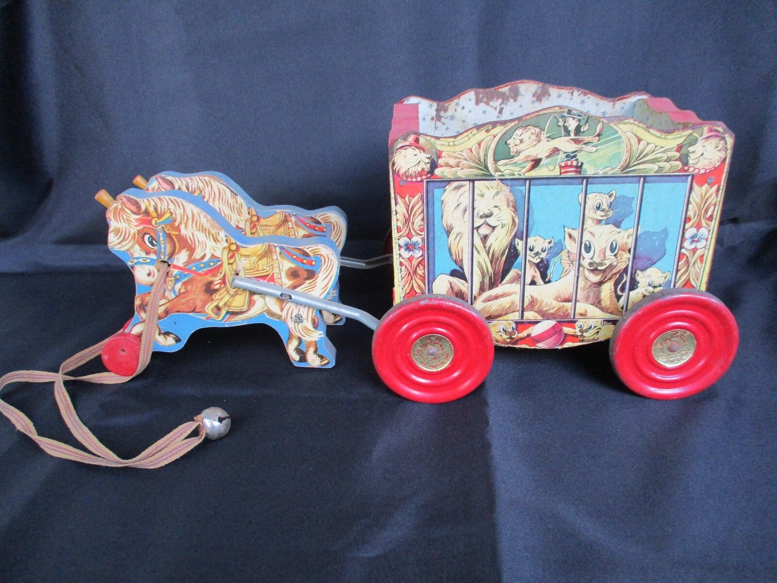 Vintage 1957 Gong Bell Wood Horses & Circus Wagon Pull Toy w/ Metal ...